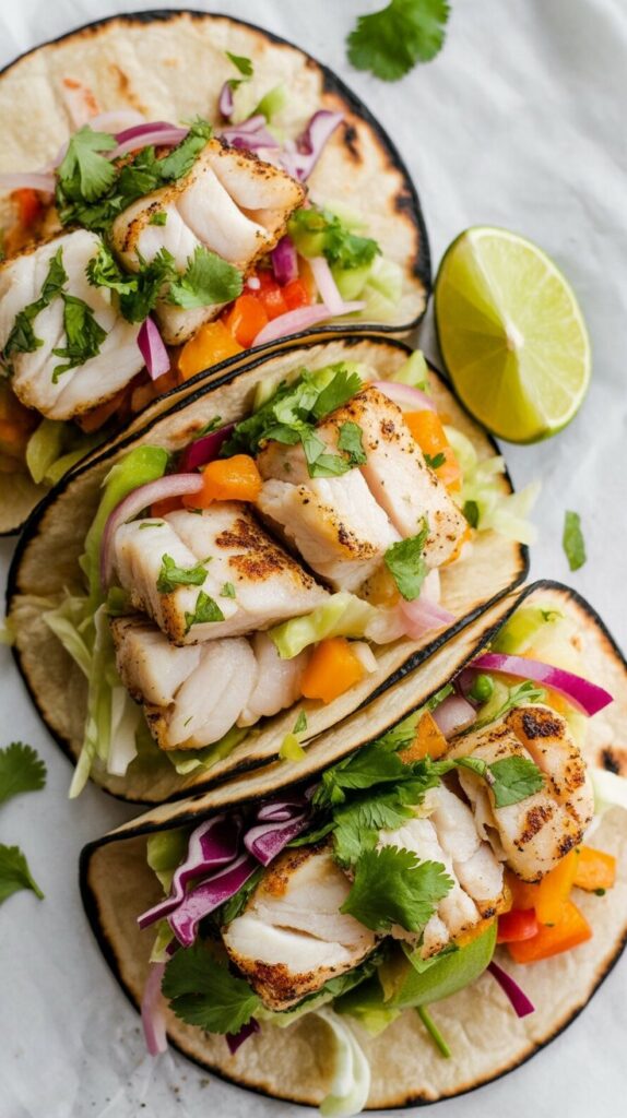 Seared Cod Fish Tacos with Sweet and Tangy Sauce
