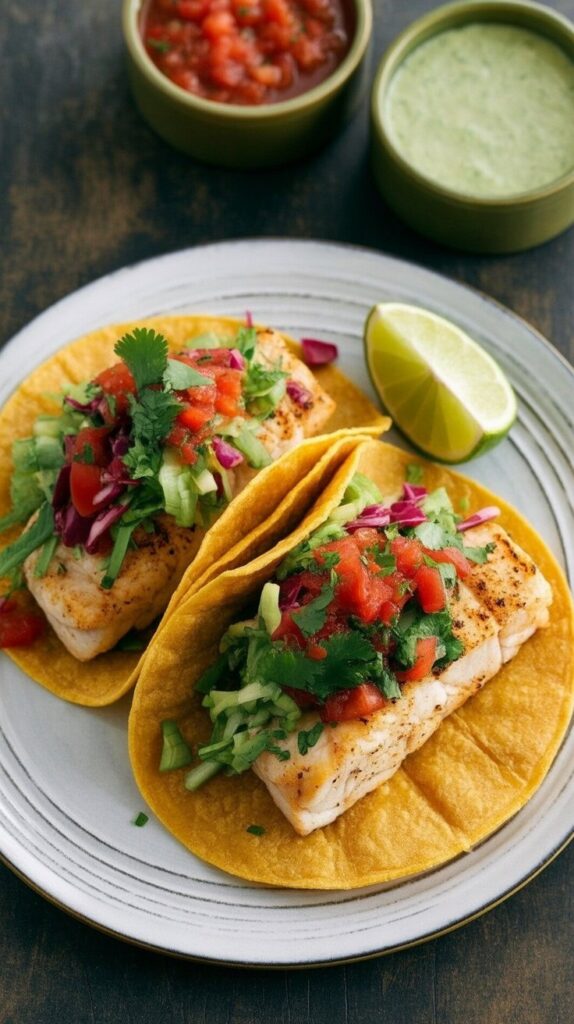 Blackened Fish Tacos with Avocado Lime Sauce